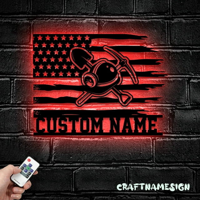 Craftnamesign Custom Coal Mining US Flag Metal Wall Art LED Light ...