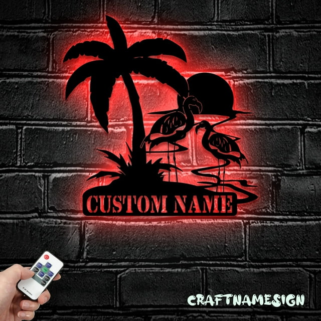 Craftnamesign Custom Couple Flamingo Palm Tree Metal Wall Art LED Light ...