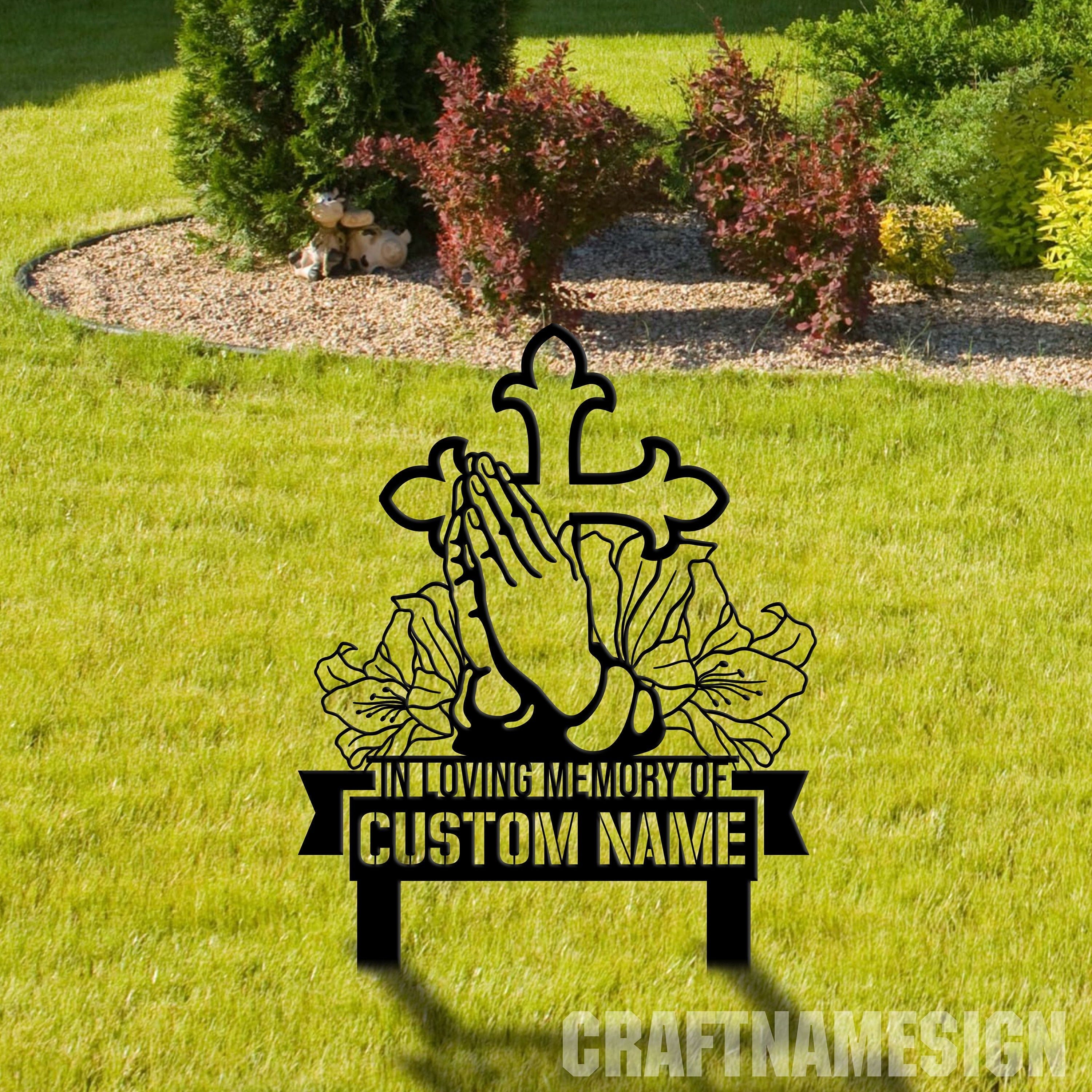 Craftnamesign Custom Cross With Praying Hand Memorial Metal Stake ...