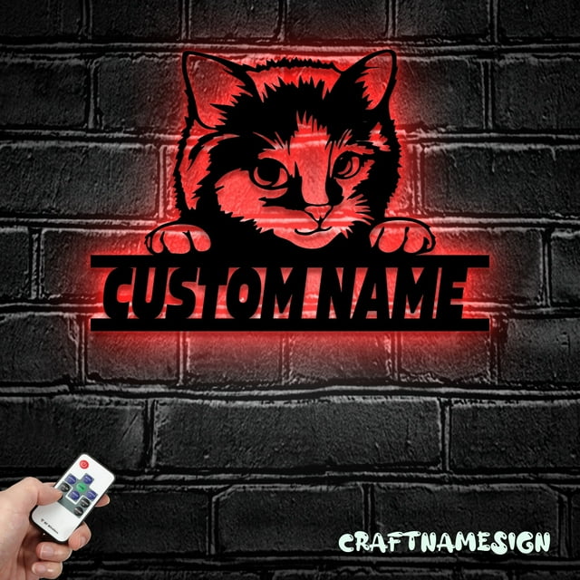 Craftnamesign Custom Cute Cat Metal Sign LED Light, Cute Kitten Sign ...