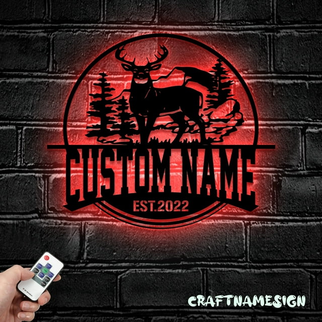 Craftnamesign Custom Deer Hunting Metal Wall Art LED Light, Hunter Name ...