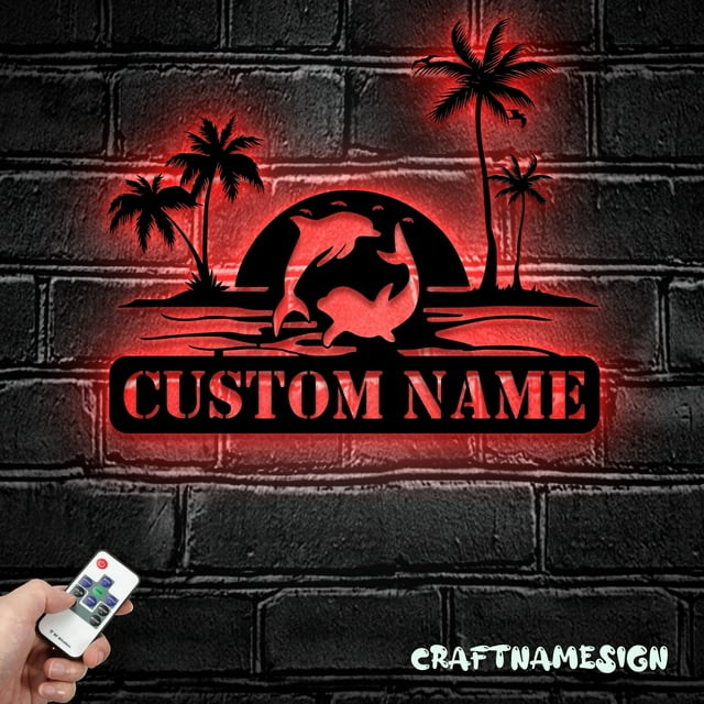Craftnamesign Custom Dolphin Palm Tree Sunset Metal Wall Art LED Light ...
