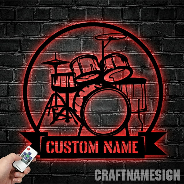 Craftnamesign Custom Drum Metal Wall Art LED Light, Custom Drummer Name ...