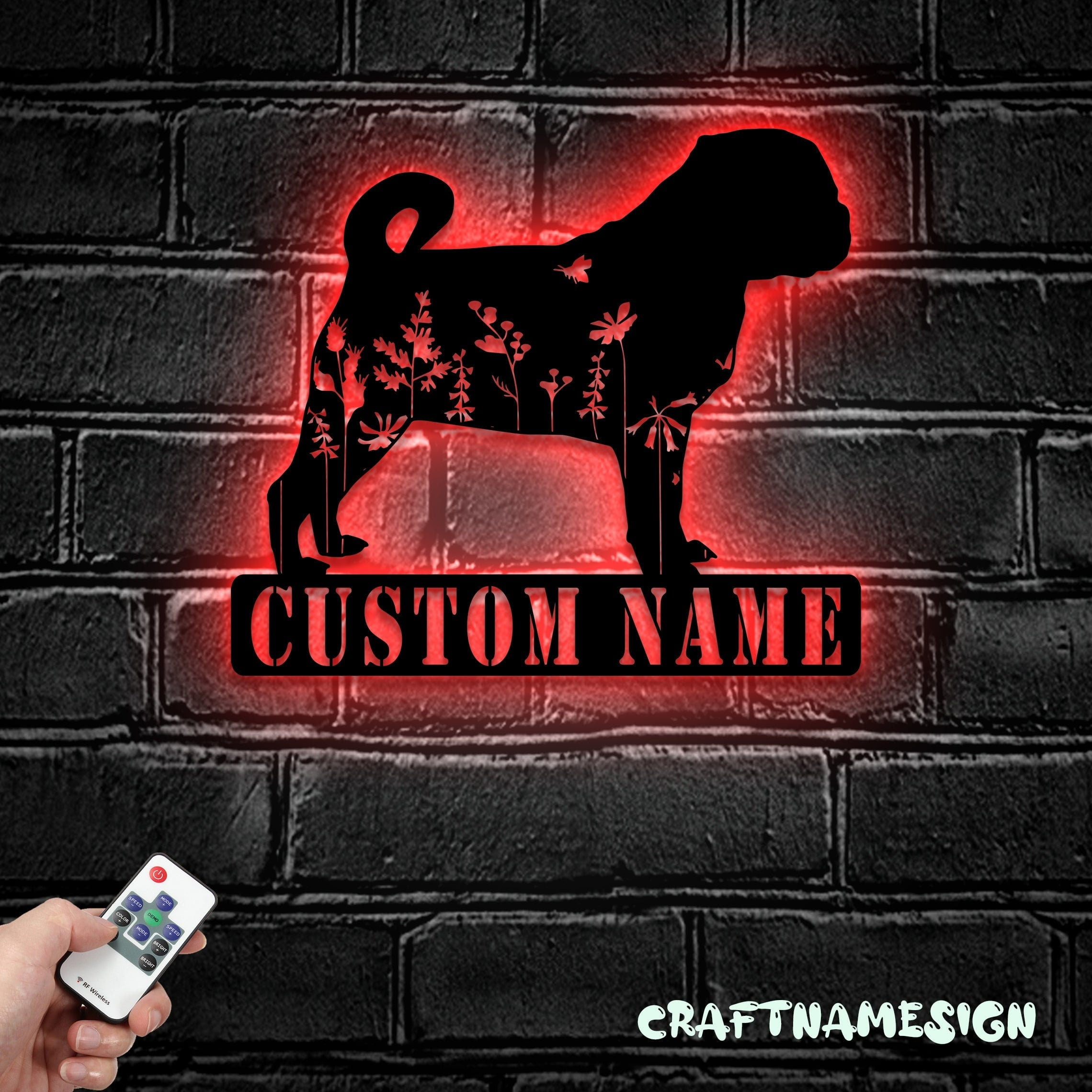 Craftnamesign Custom FLoral Pug Metal Wall Art LED Light, Personalized ...