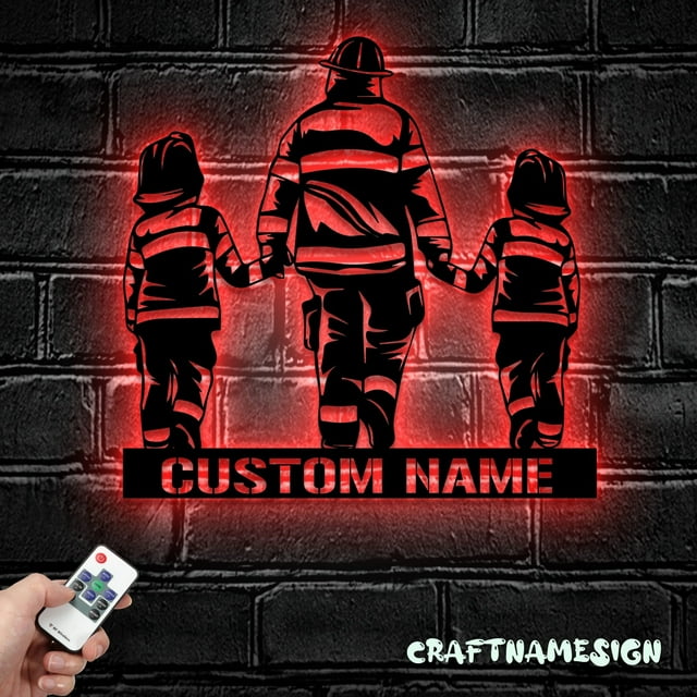 Craftnamesign Custom Father Son Firefighter Metal Wall Art LED Light ...
