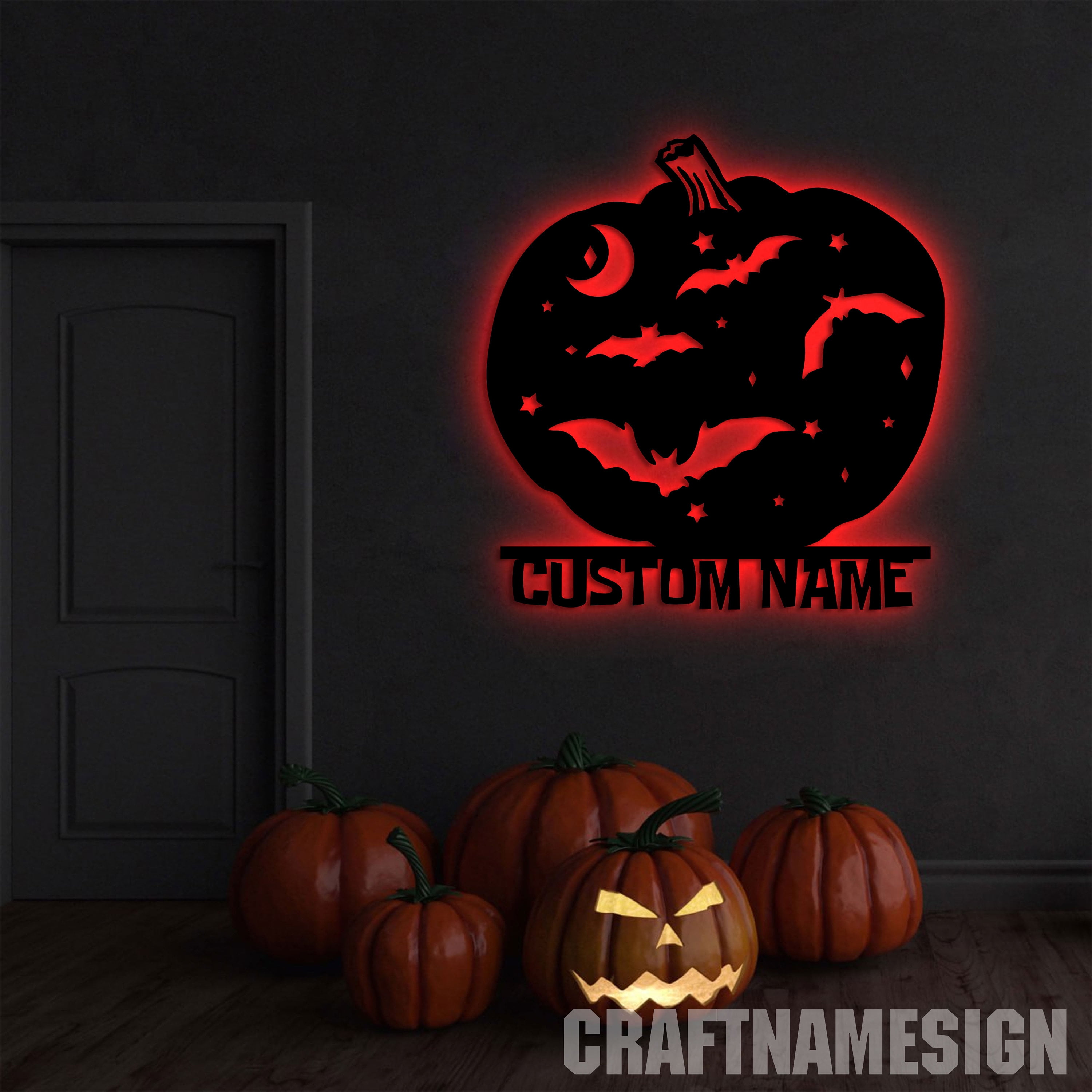 Craftnamesign Pumpkin Bat Halloween Metal Wall Art Led Light, Halloween ...