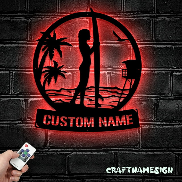 Craftnamesign Custom Girl Wave Surfing Metal Wall Art LED Light, Surfer ...