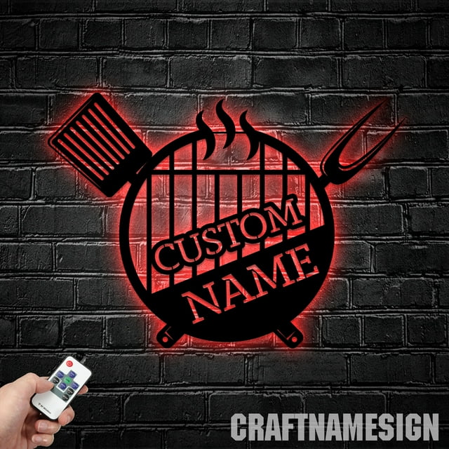 Craftnamesign Custom Grill Metal Wall Art LED Light, Personalized BBQ ...