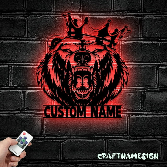 Craftnamesign Custom Grizzly Bear Metal Wall Art LED Lights ...