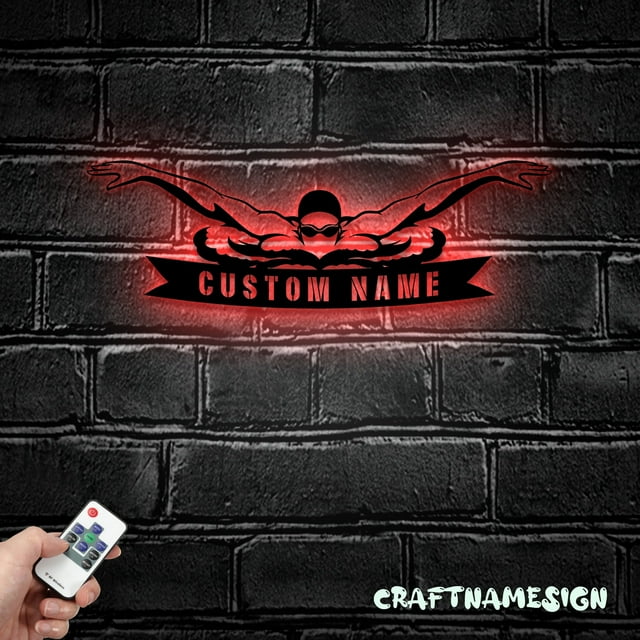 Craftnamesign Custom Man Swimmer Metal Wall Art LED Light, Personalized ...