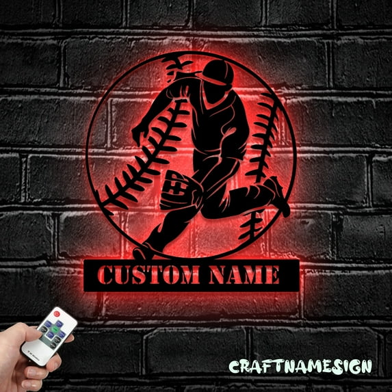 Craftnamesign Custom Catch Baseball Metal Wall Art LED Light, Custom ...