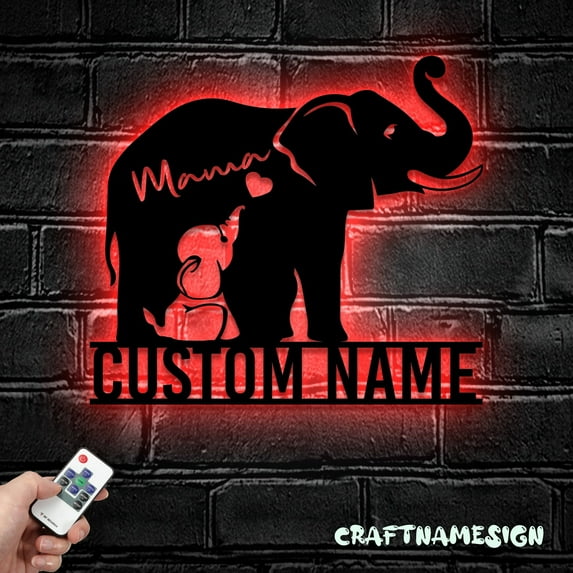 Craftnamesign Custom Mom Baby Elephant Metal Wall Art LED Light, Custom ...