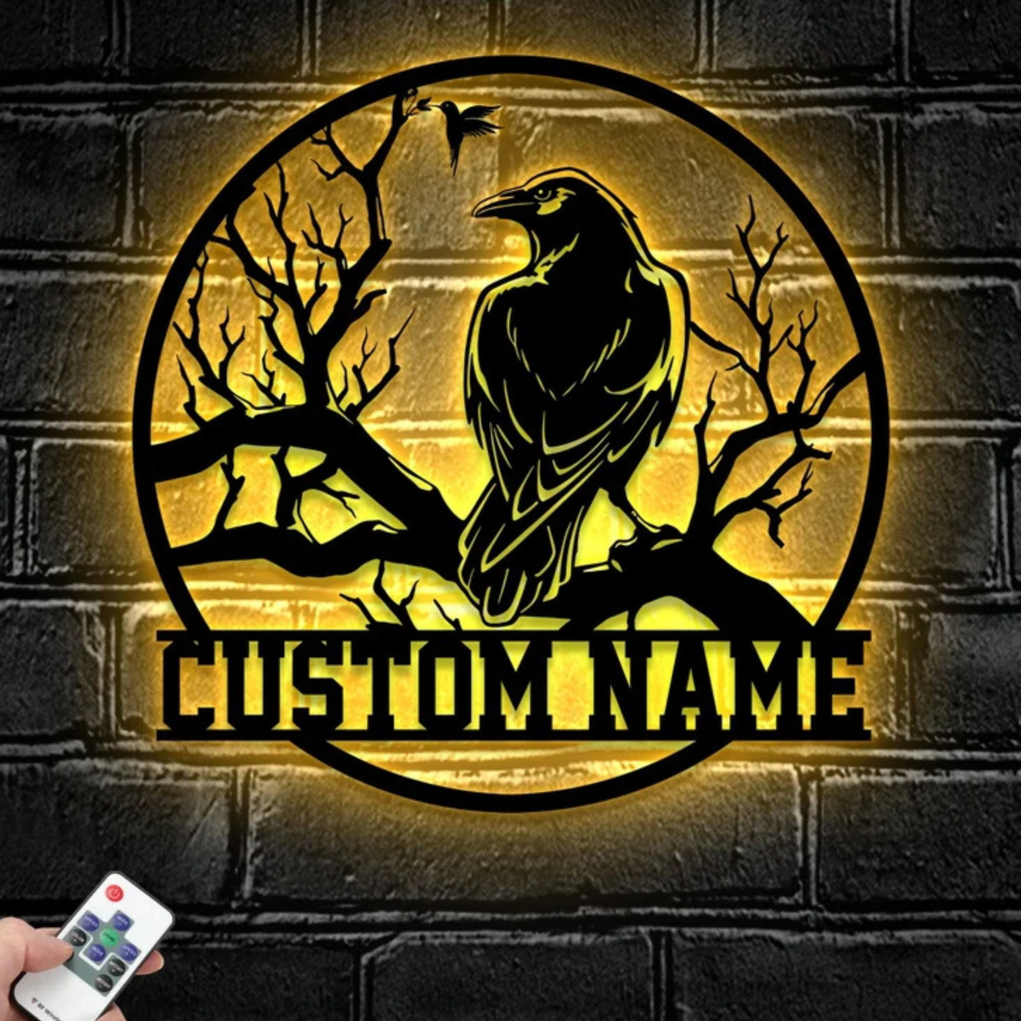 Craftnamesign Custom Name Raven Metal Wall Art LED Light, Raven Wall ...