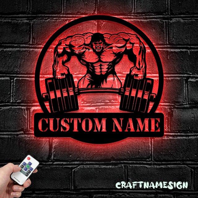 Craftnamesign Custom Powerlifting Workout Metal Wall Art LED Light ...
