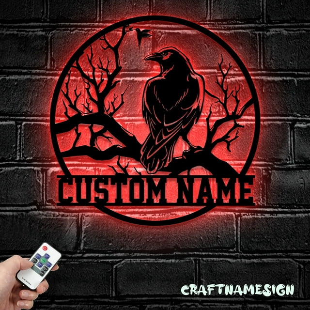 Craftnamesign Custom Raven Metal Wall Art with LED Light, Personalized ...