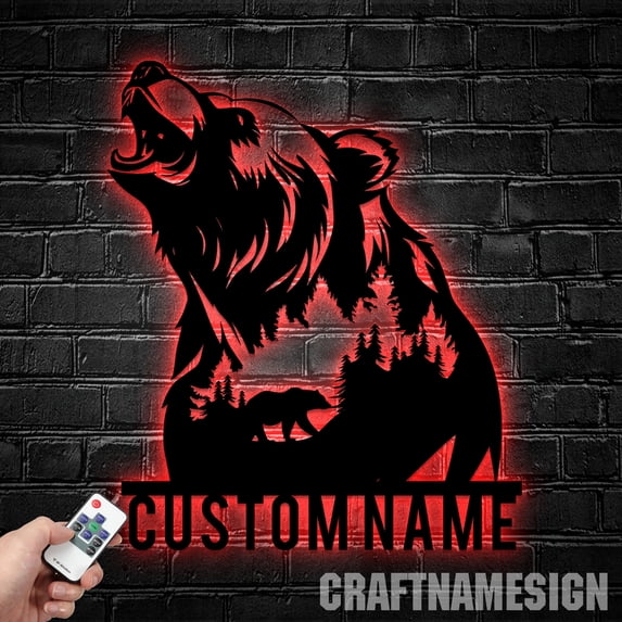 Craftnamesign Custom Roaring Bear Metal Wall Art LED Light, Custom Bear ...