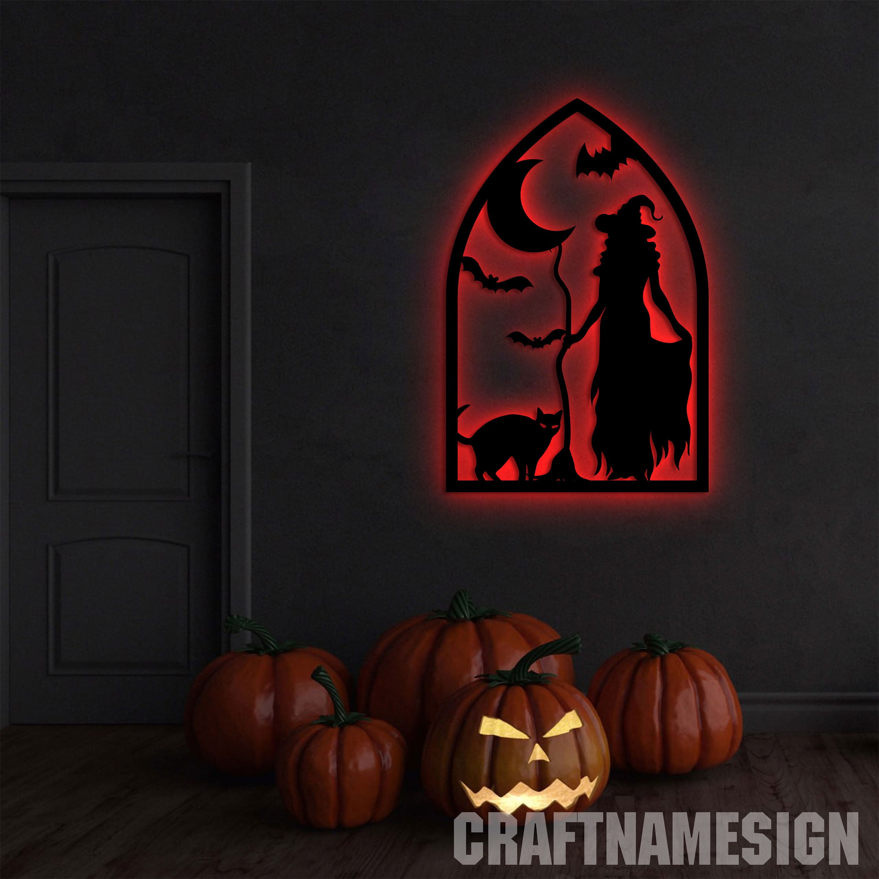 Craftnamesign Witch and Black Cat Metal Wall Art Led Light, Halloween ...