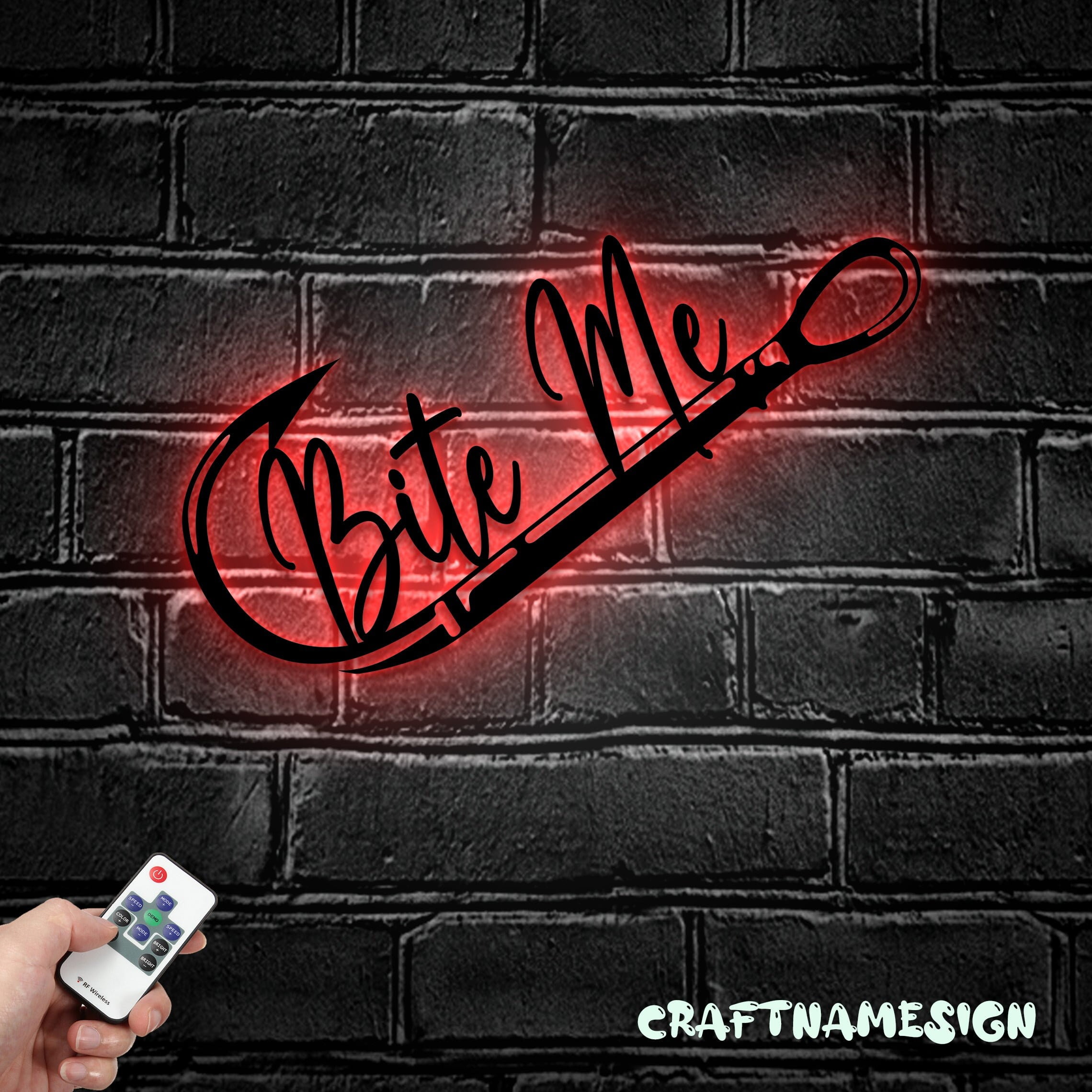 Craftnamesign Bite Me Fishing Metal Wall Art LED Light, Fishing Hook ...