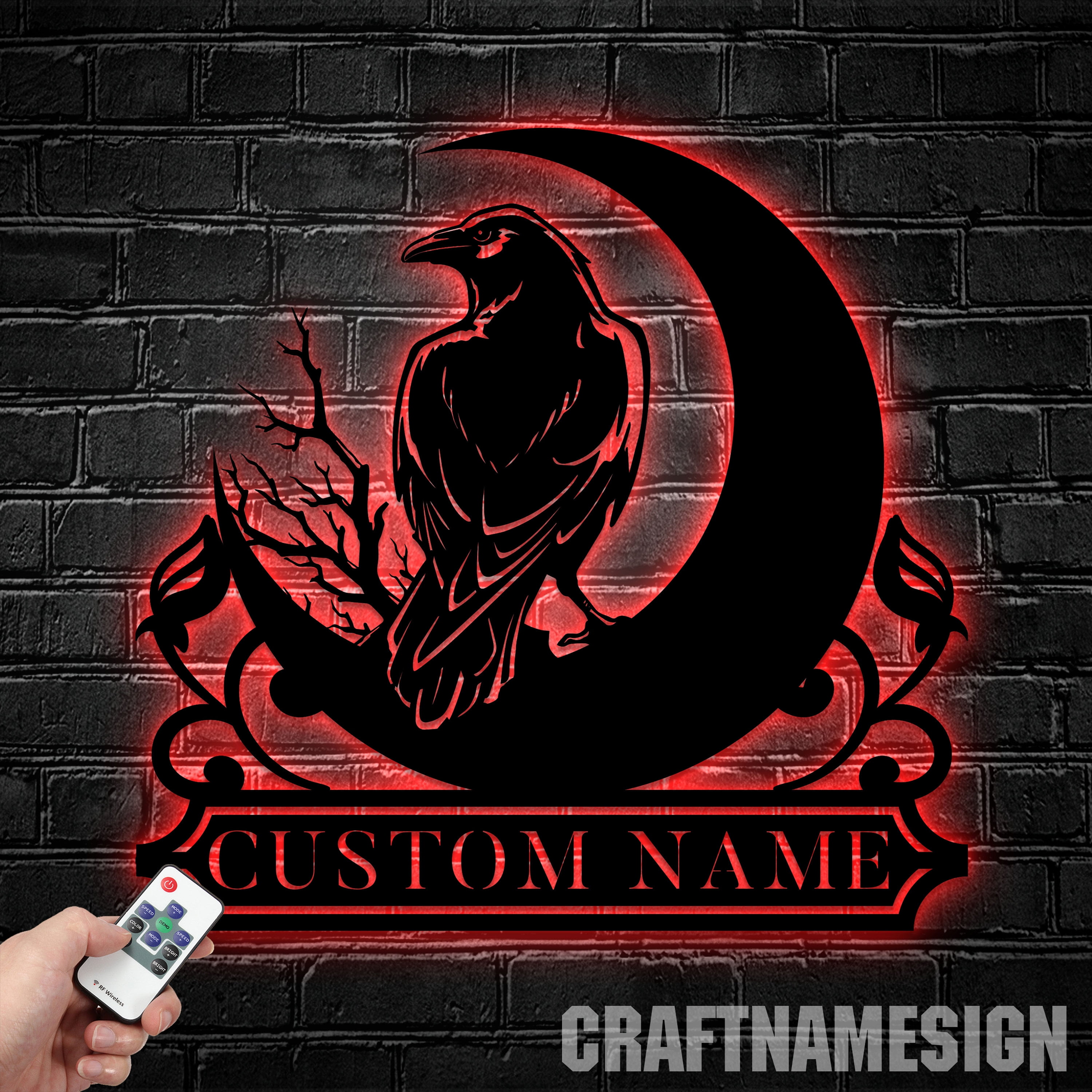 Craftnamesign Custom Raven On the Moon Metal Wall Art Led Light, Raven ...