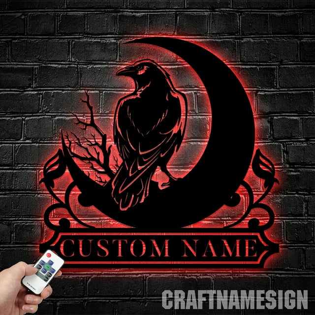 Craftnamesign Custom Raven On the Moon Metal Wall Art Led Light, Raven ...