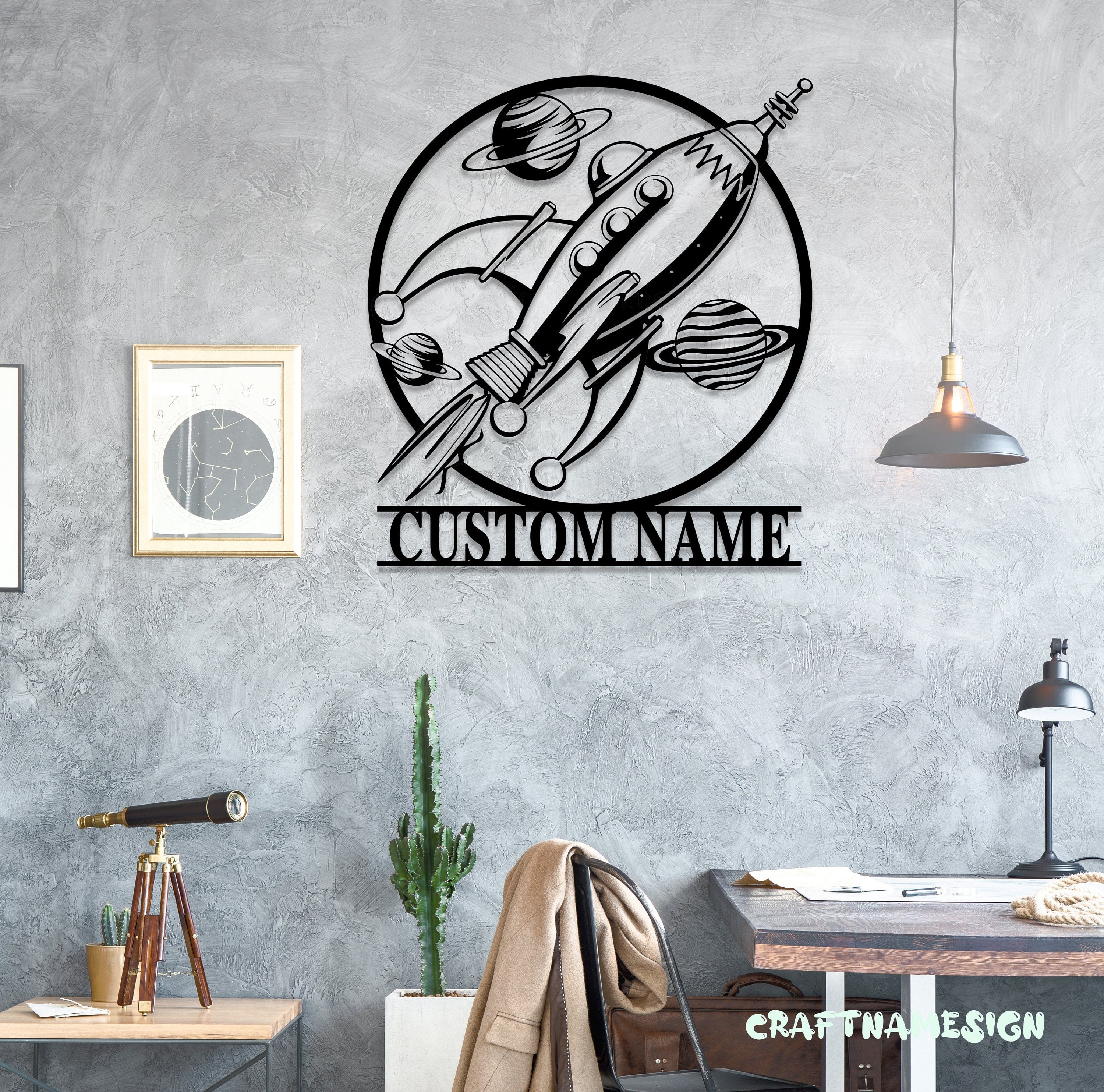 Craftnamesign Custom Spaceship Metal Wall Art LED Light, Rocket Sign ...