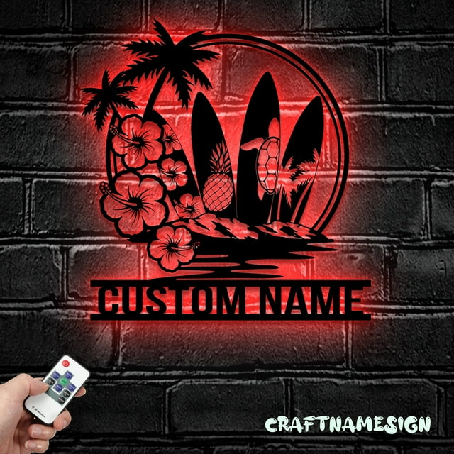 Craftnamesign Custom Surfboad Hawaiian Metal Sign LED Light, Hawaiian ...