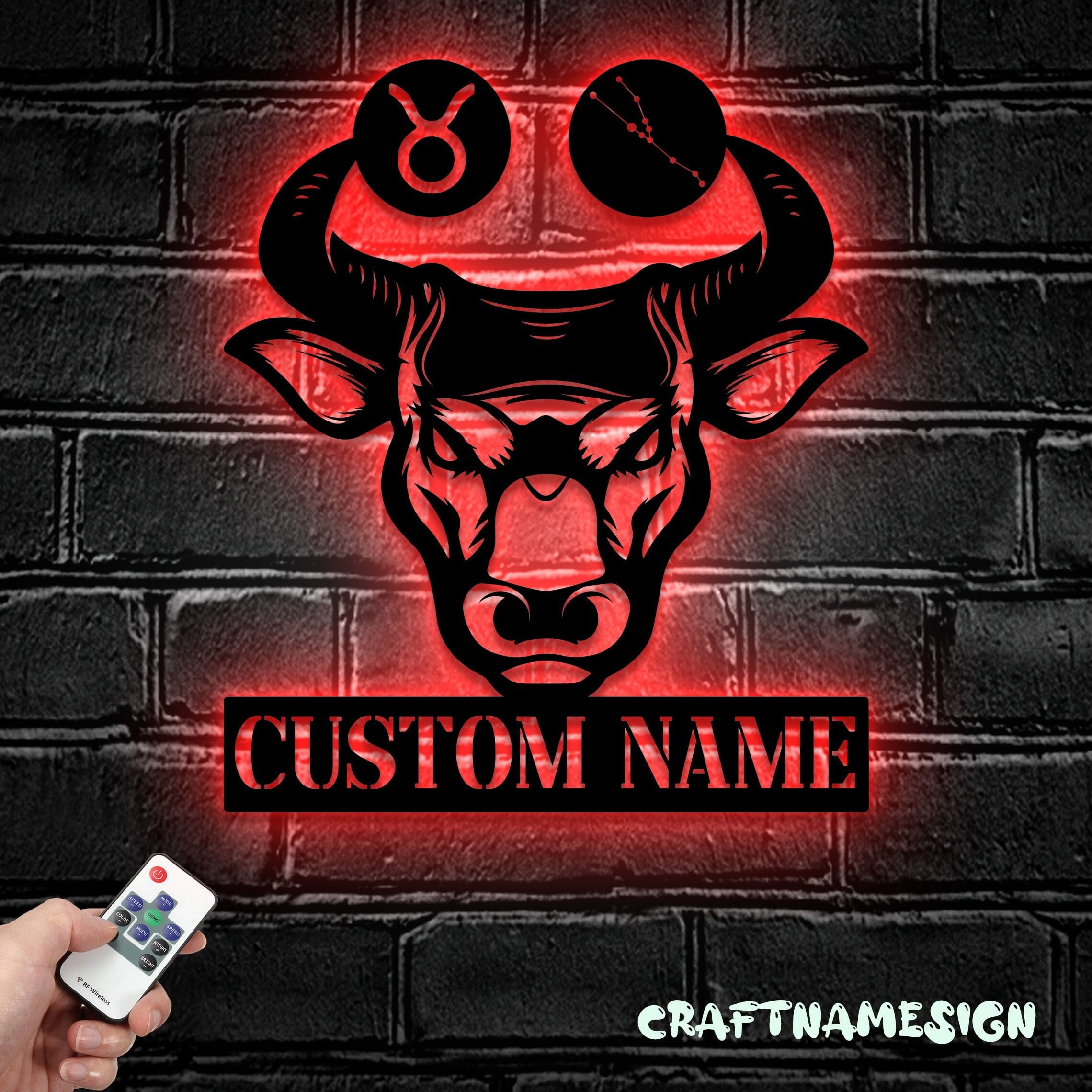 Craftnamesign Custom Taurus Zodiac Symbol Metal Wall Art LED Light ...