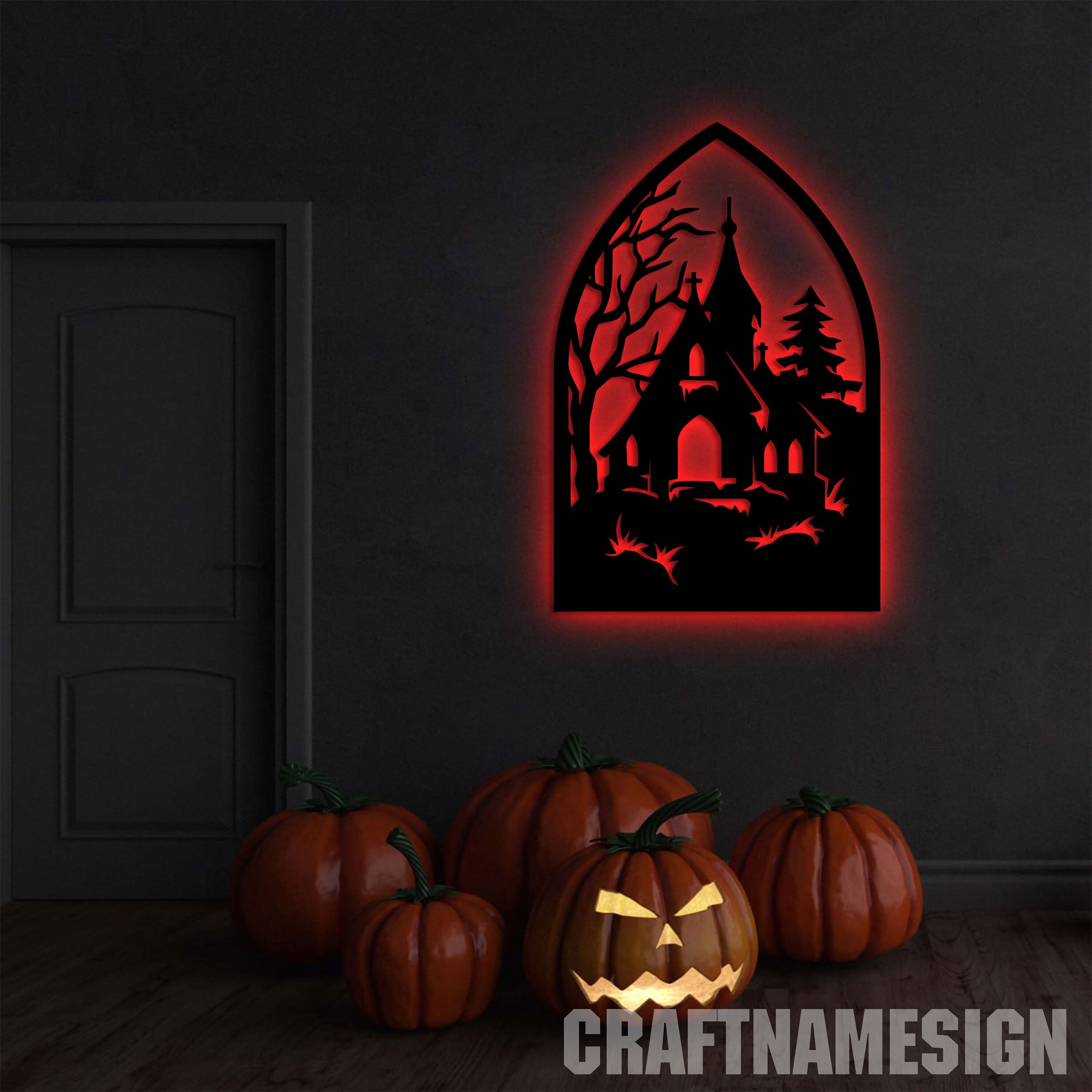 Craftnamesign Spooky House Metal Wall Art Led Light, Halloween Sign ...