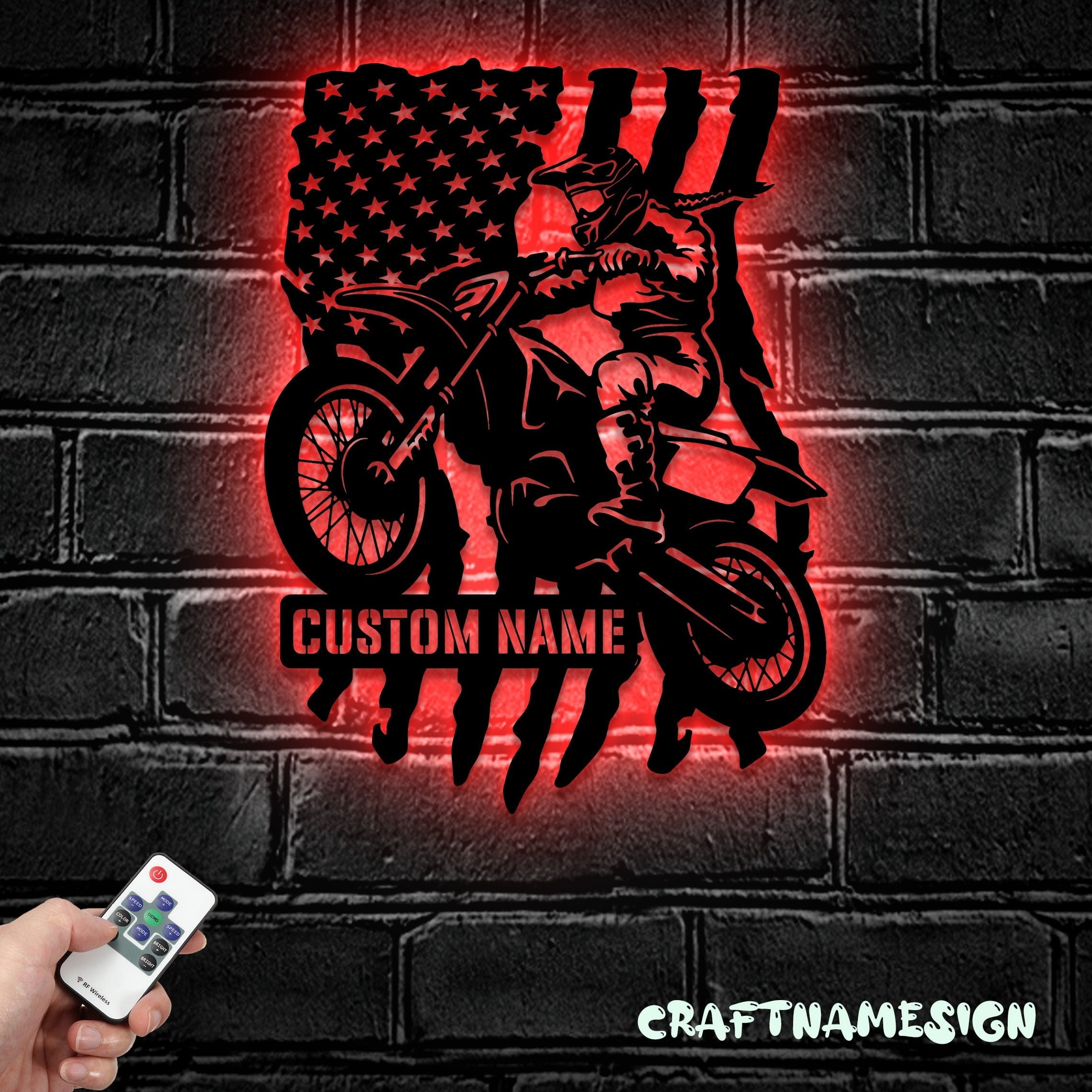 Craftnamesign Custom US Flag Motocross Metal Wall Art LED Light, Custom ...