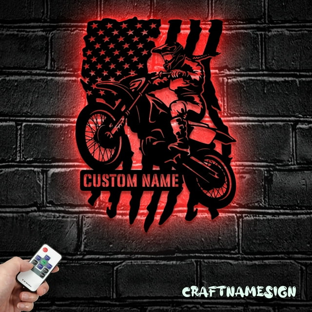 Craftnamesign Custom US Flag Motocross Metal Wall Art LED Light, Custom ...