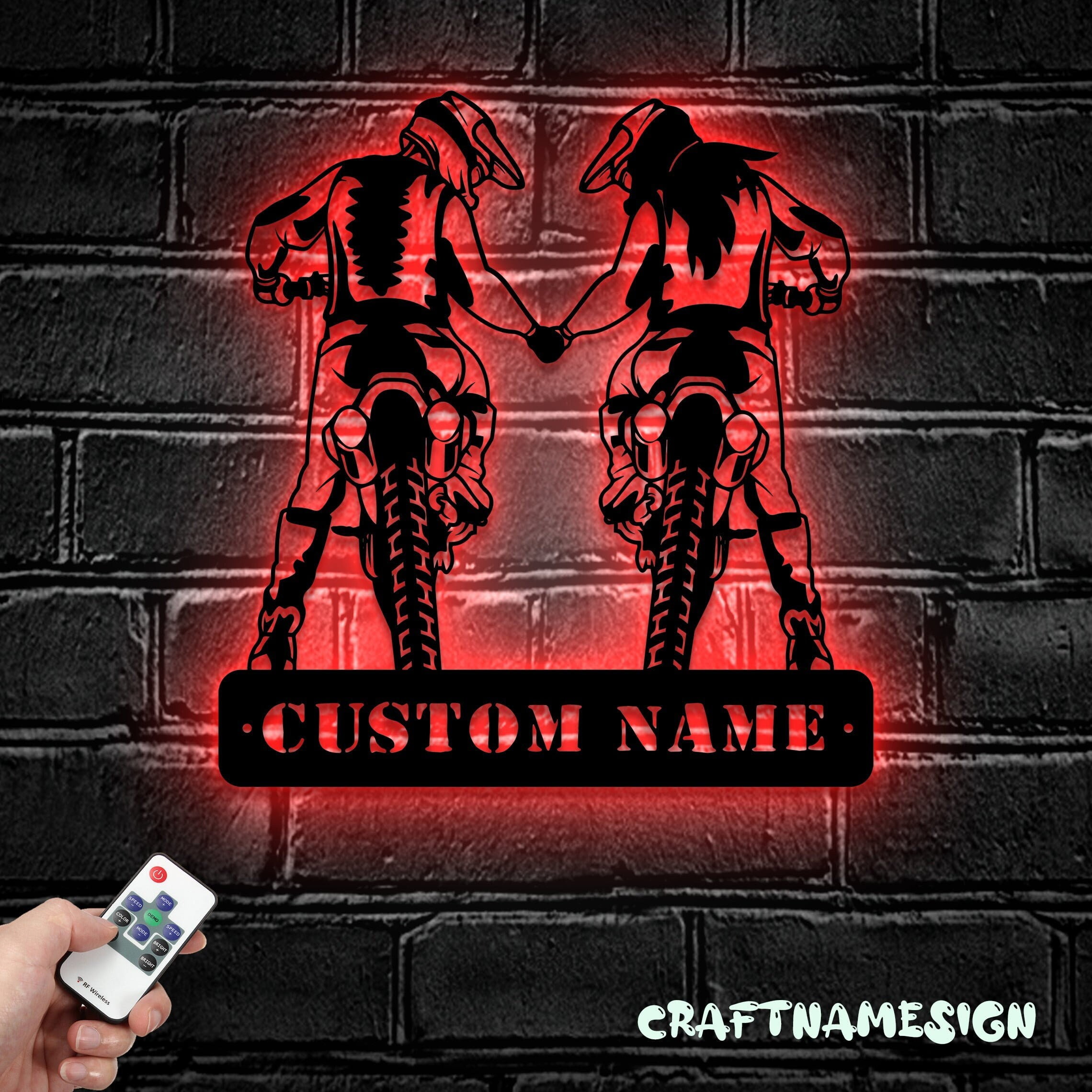 Craftnamesign Custom Motocross Biker Couple Metal Wall Art LED Light ...