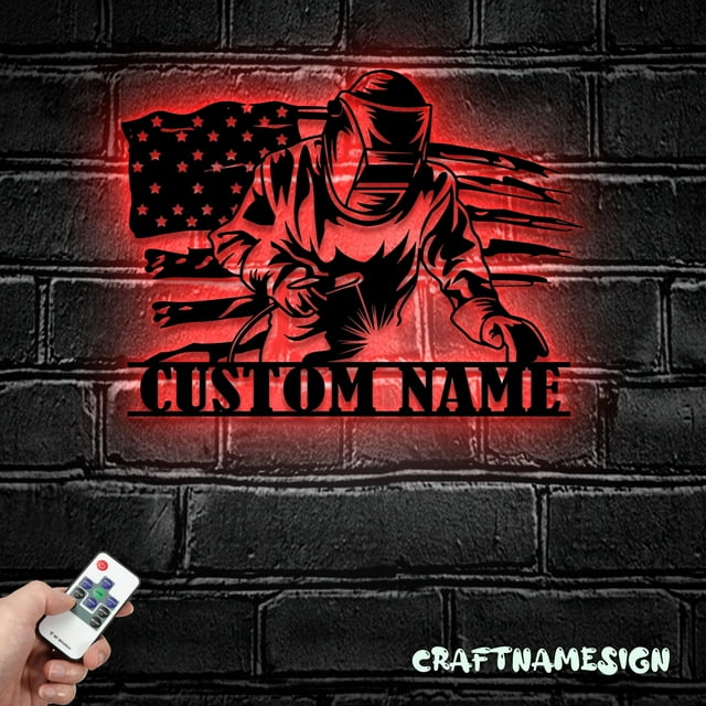 Craftnamesign Custom Welding US Flag Metal Wall Art LED Light ...