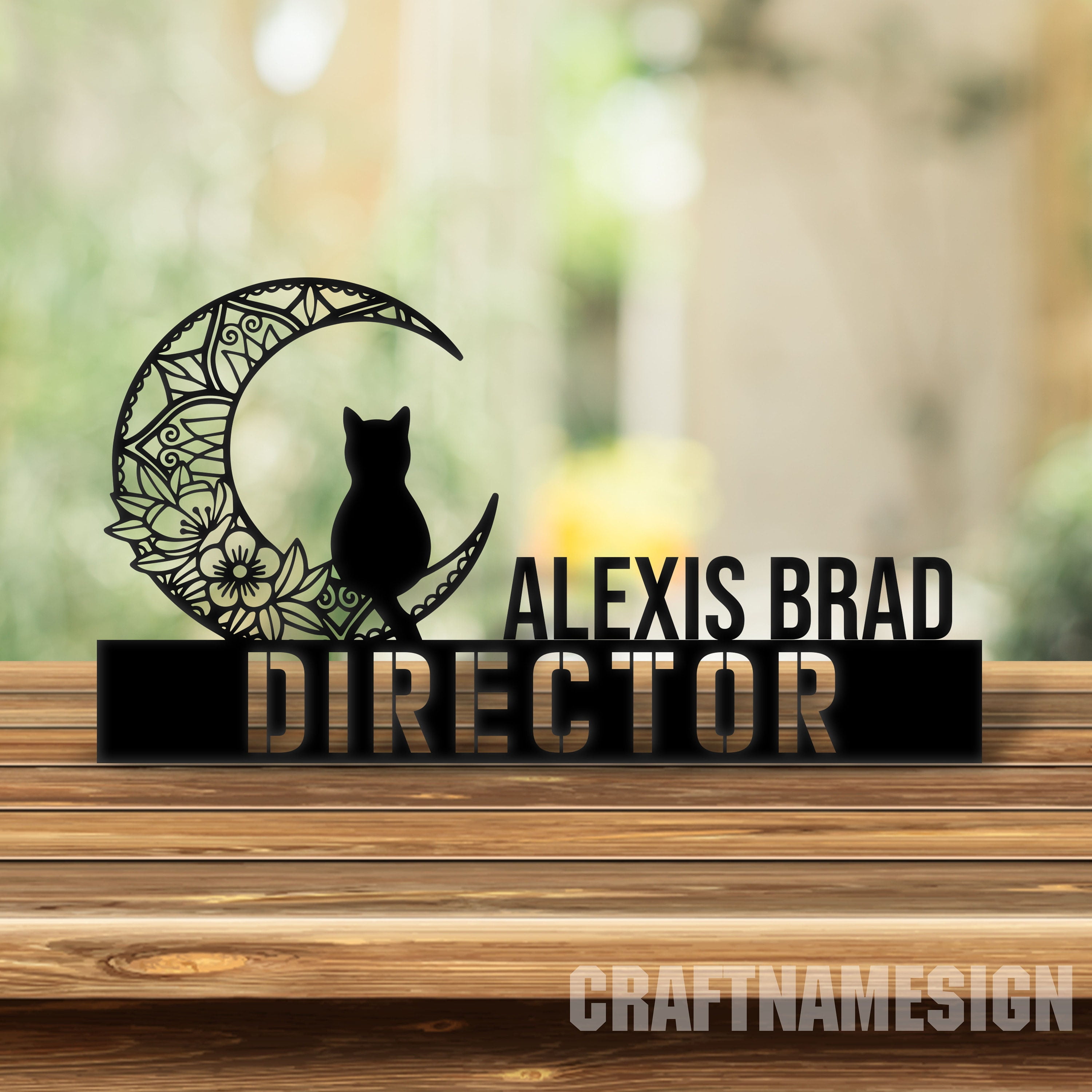 Craftnamesign Custom Wooden Black Cat On The Moon Desk Name Plate, Cat ...