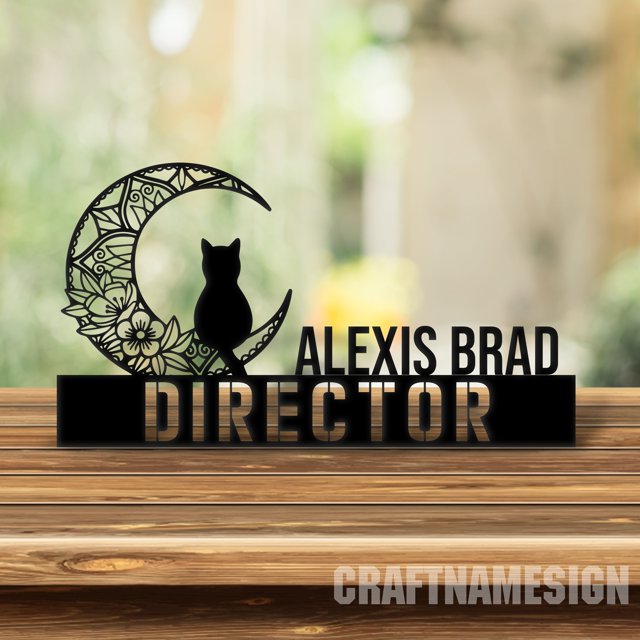 Craftnamesign Custom Wooden Black Cat On The Moon Desk Name Plate, Cat ...