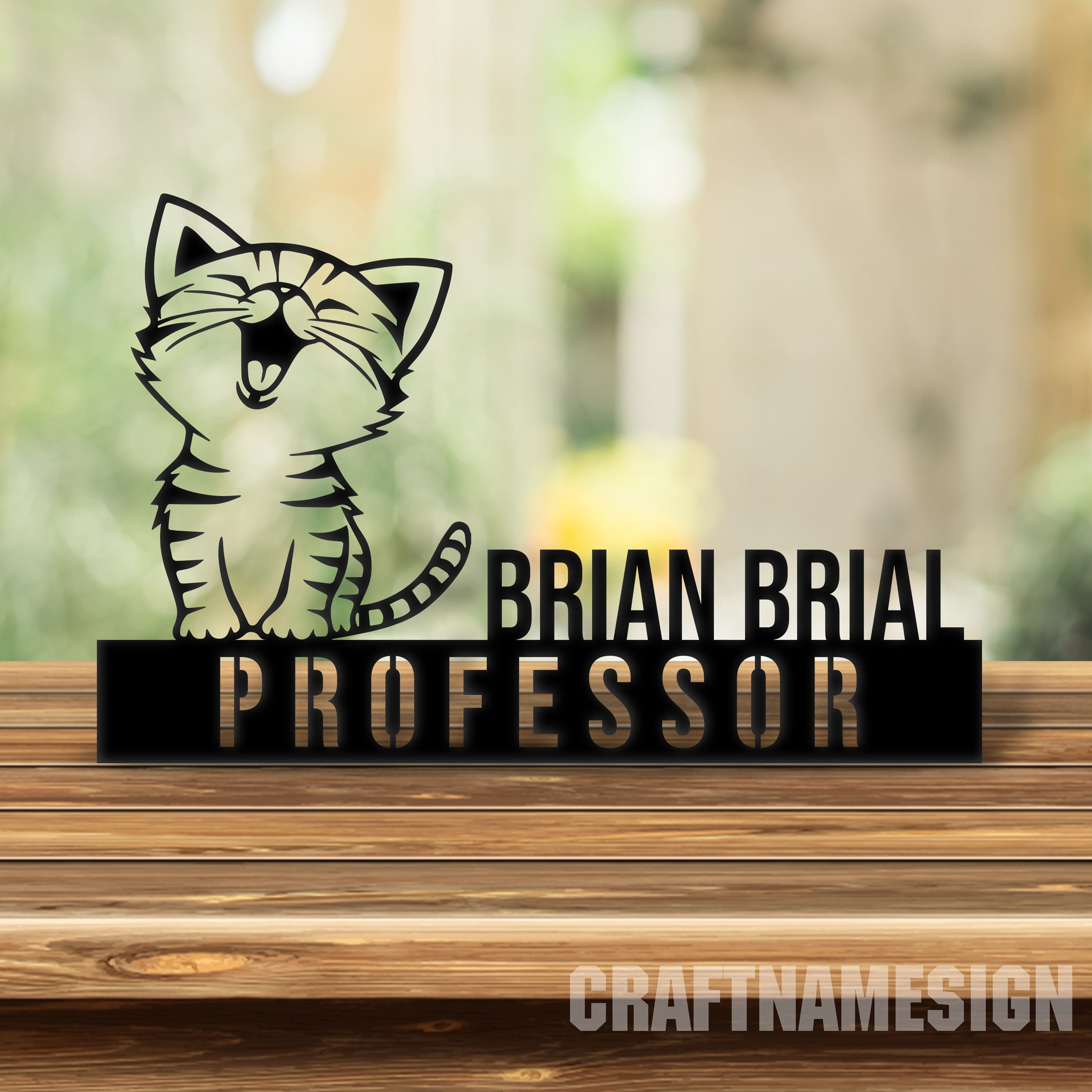 Craftnamesign Custom Wooden Desk Name Plate for Cat Lovers, Cute Cat ...