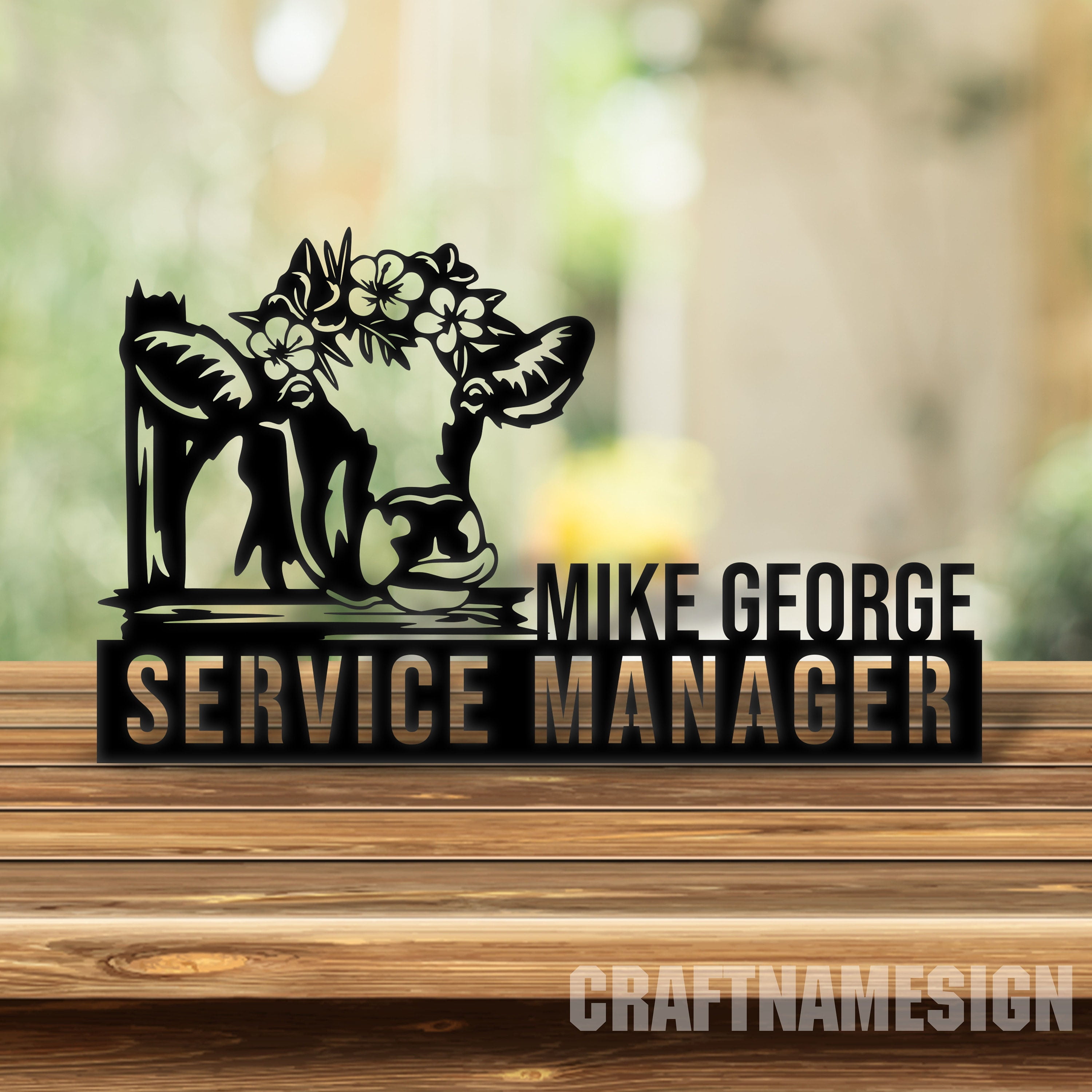 Craftnamesign Custom Wooden Floral Cow Desk Name Plate, Farmhouse Metal ...