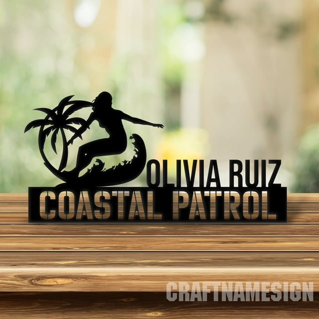 Craftnamesign Custom Wooden Girl Surfing Desk Name Plate, Surfer Metal ...