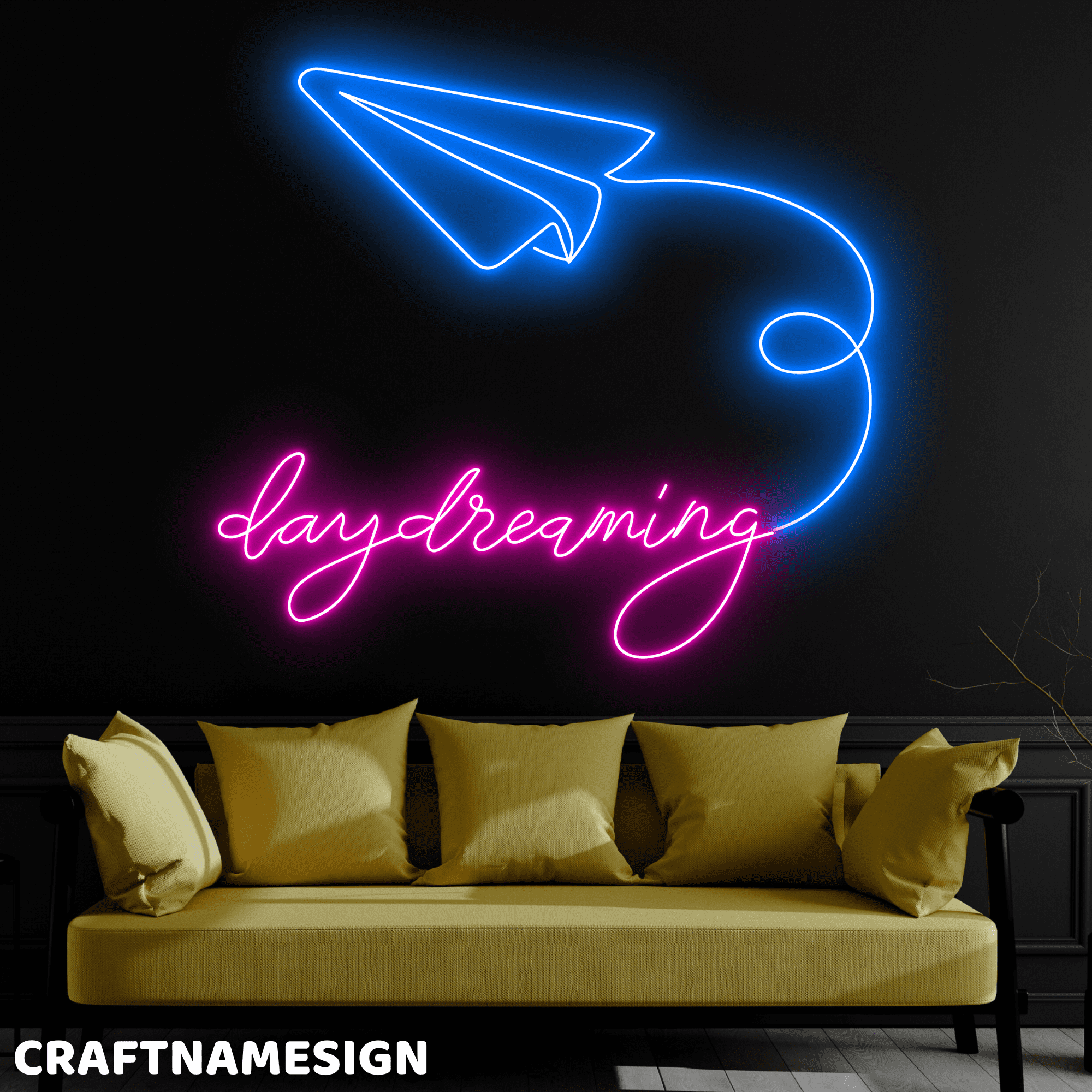 Craftnamesign Day Dreaming Neon Sign, Bedroom Wall Art, Paper Plane ...