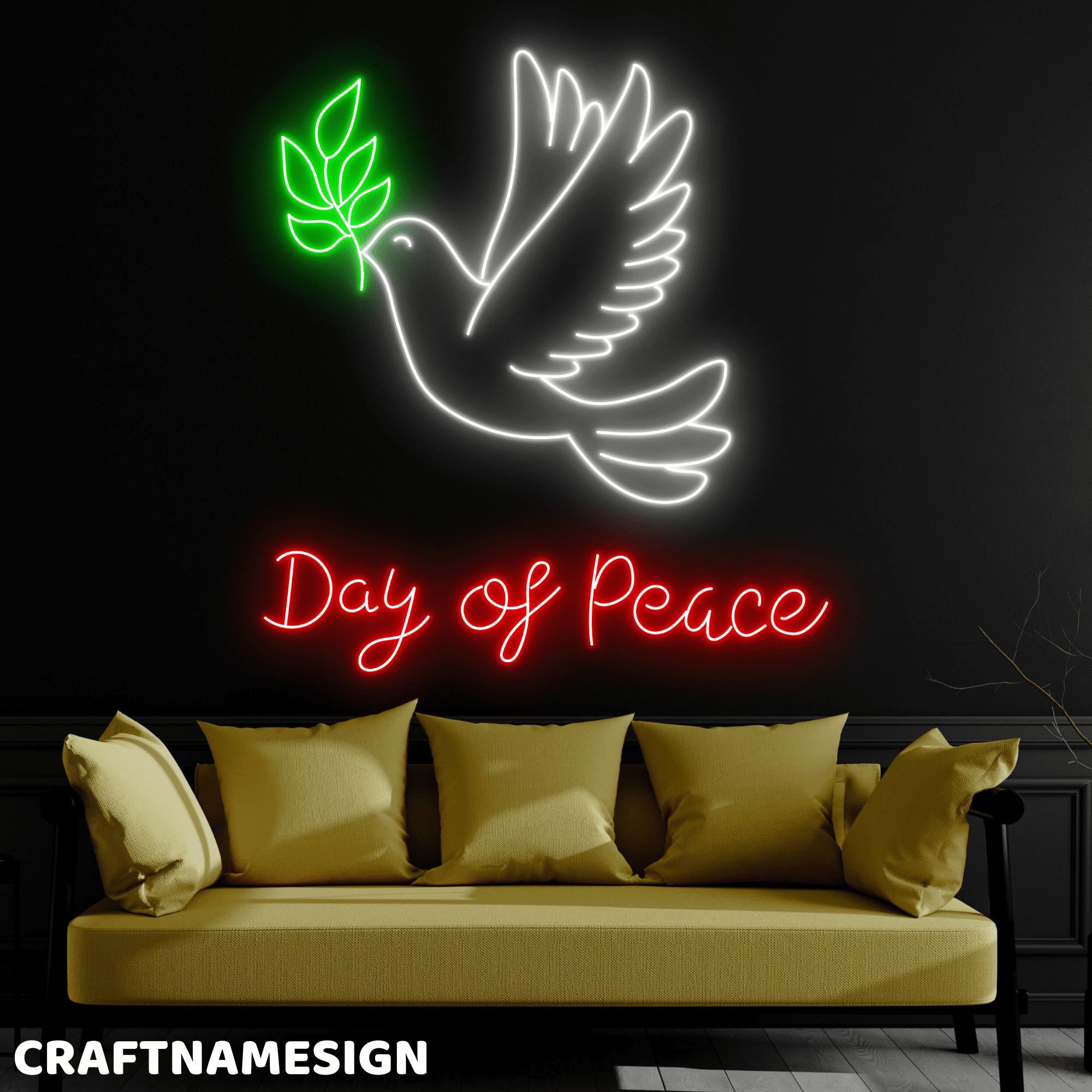 Craftnamesign Day Of Peace Neon Sign, Dove Bird Wall Art, Living Room ...