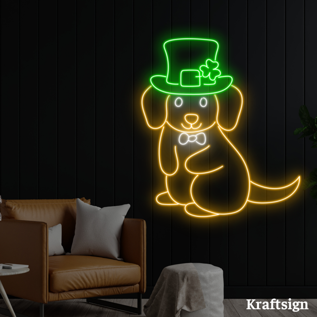 Craftnamesign Dog Patrick Hat Neon Sign, St. Patrick Day Decor, Dog ...