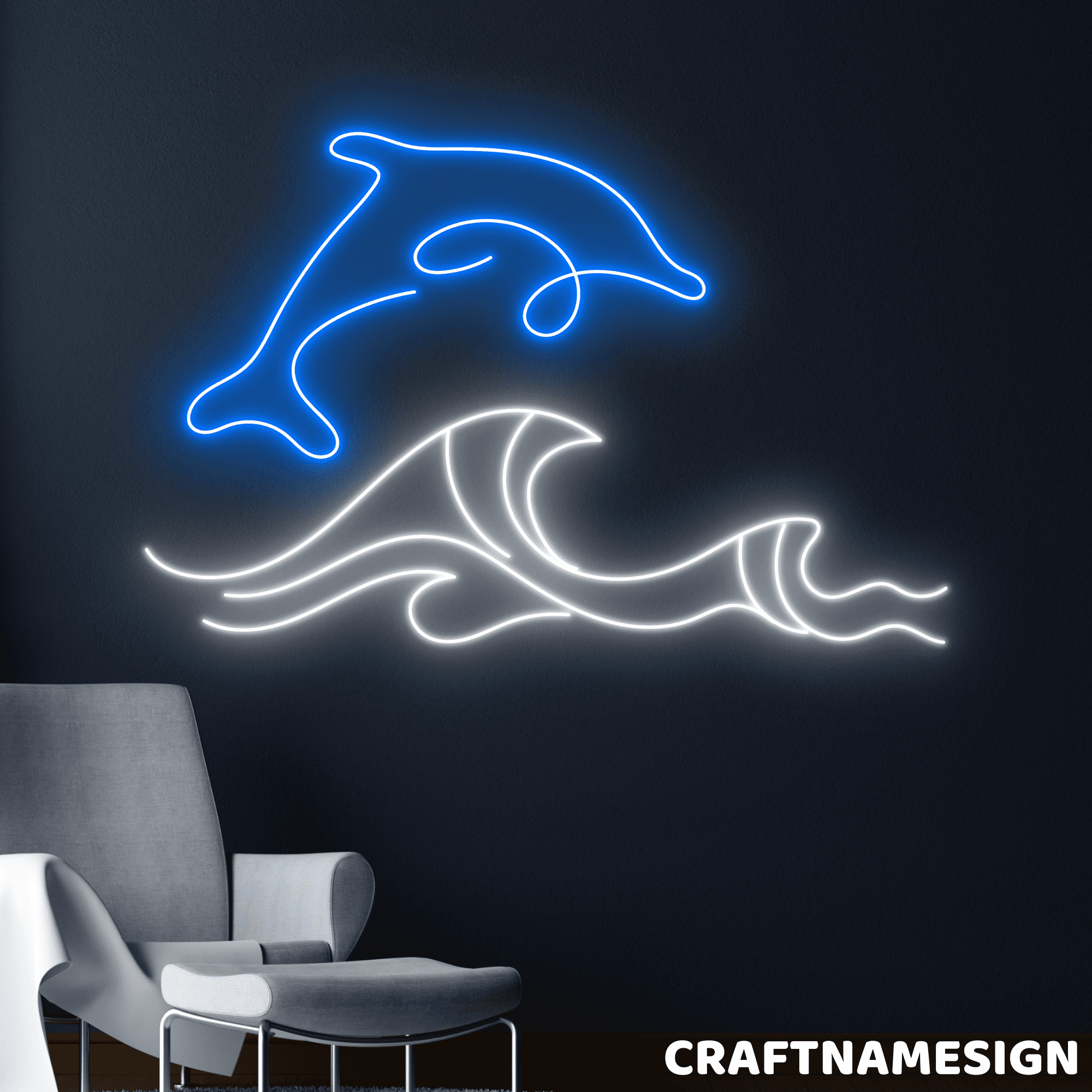 Craftnamesign Dolphin Waves Neon Sign, Dolphin Line Art Wall Decor ...