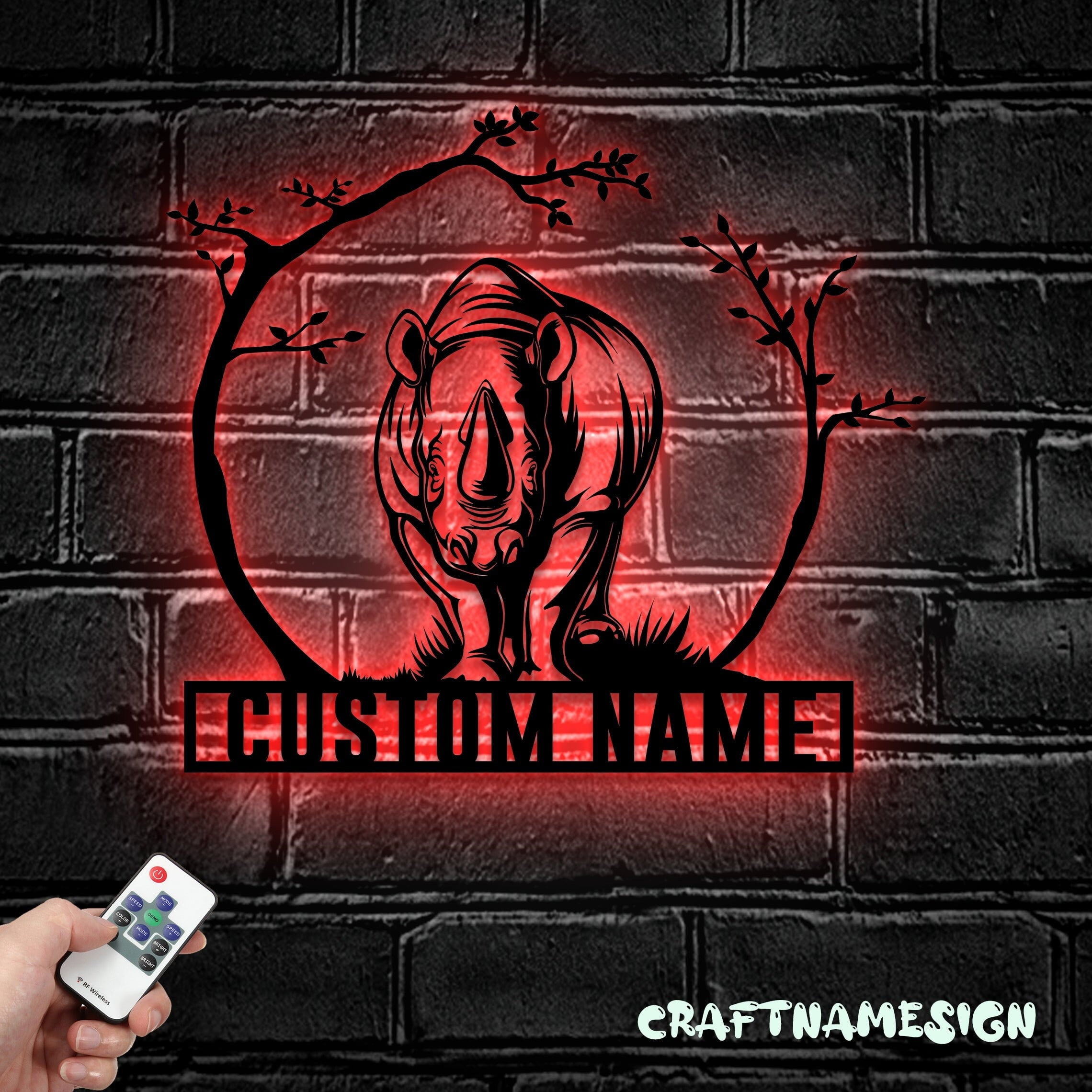 Craftnamesign Custom Rhino Metal Wall Art LED Light, Personalized ...