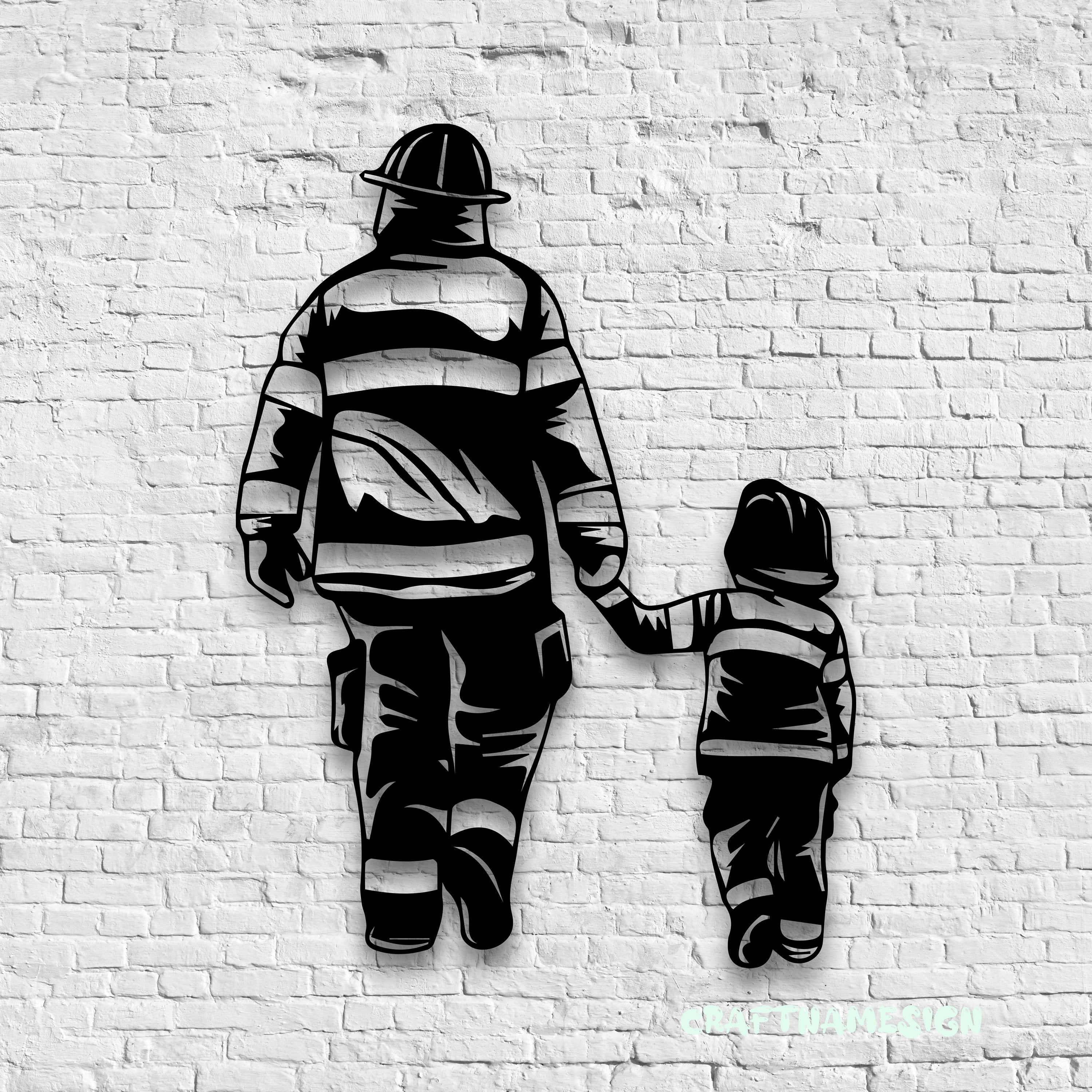 Craftnamesign Father Son Firefighter Metal Wall Art LED Light, Fireman ...