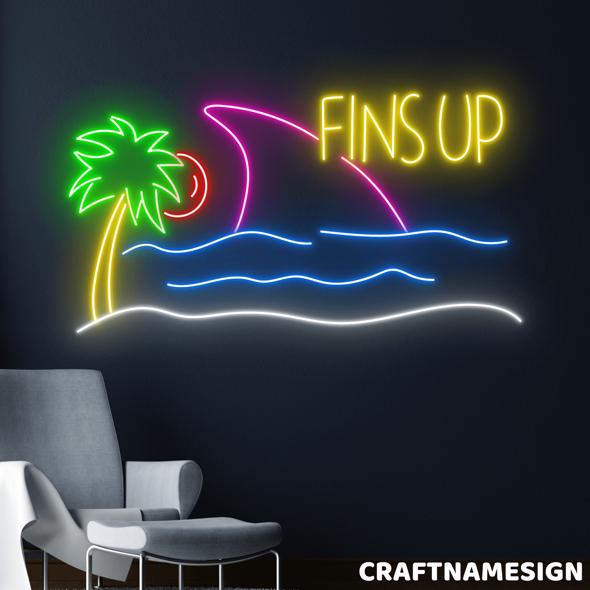 Craftnamesign Fins Up Neon Sign, Dolphin Wall Decor, Beach Theme Wall ...