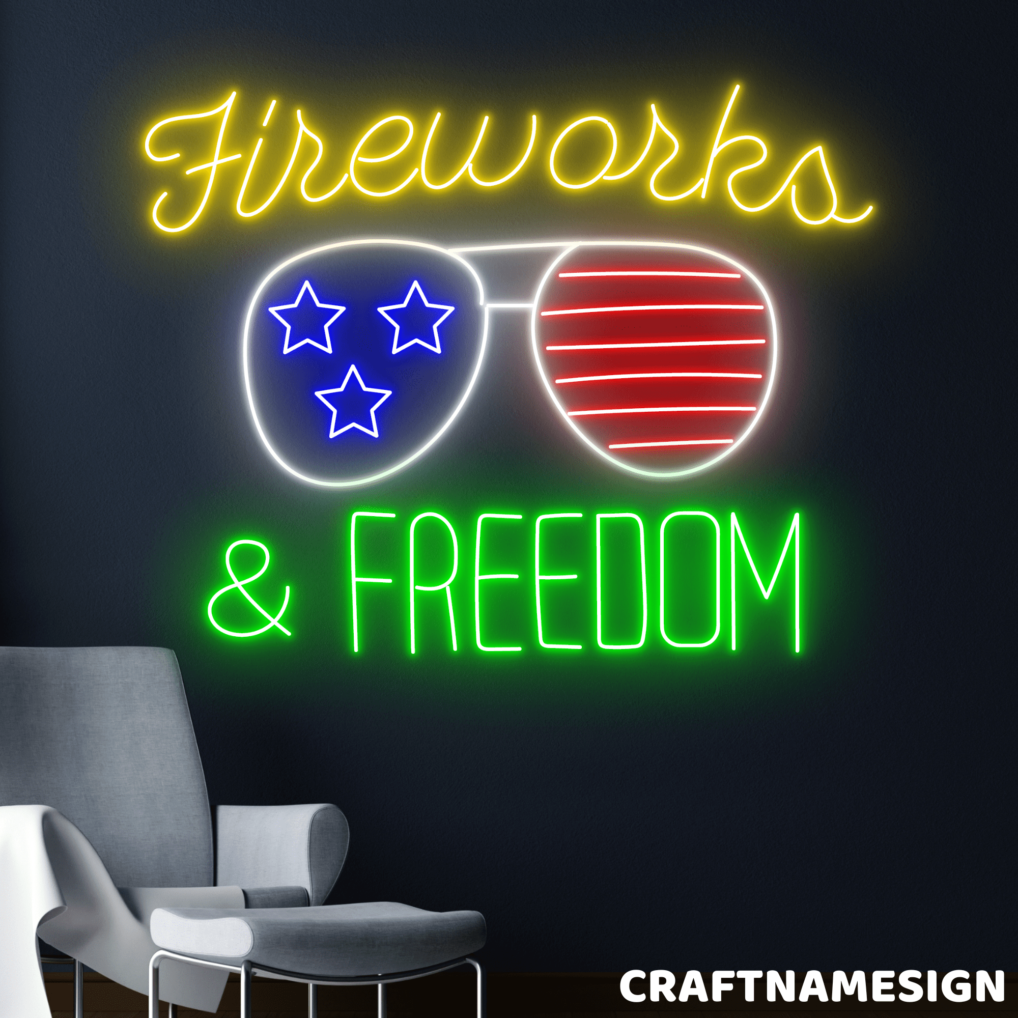 Craftnamesign Fireworks & Freedom Neon Sign, USA Wall Decor, Happy 4th ...