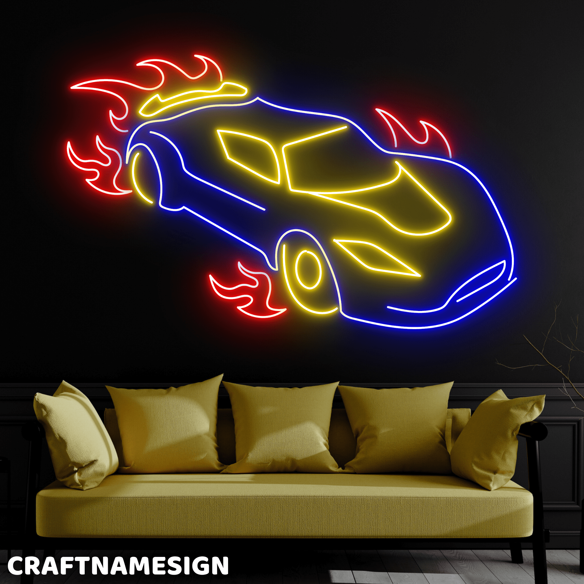 Craftnamesign Flaming Car Neon Sign, Racing Car Wall Sign, Garage Wall ...