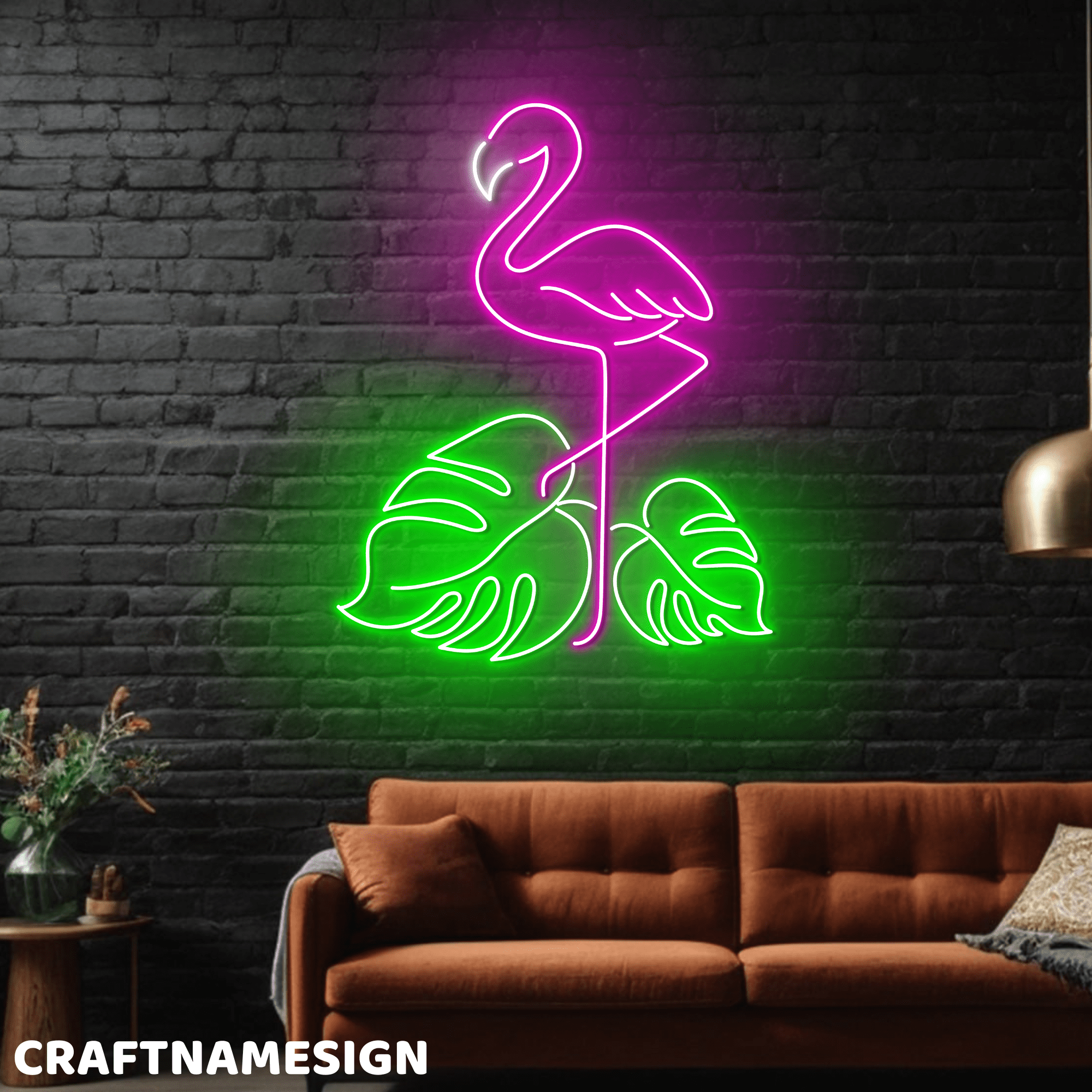 Craftnamesign Flamingo Monstera Neon Light For Living Room, Spa Hotel ...