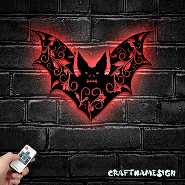 Craftnamesign Floral Bat Metal Wall Art LED Light, Halloween Bat Sign ...