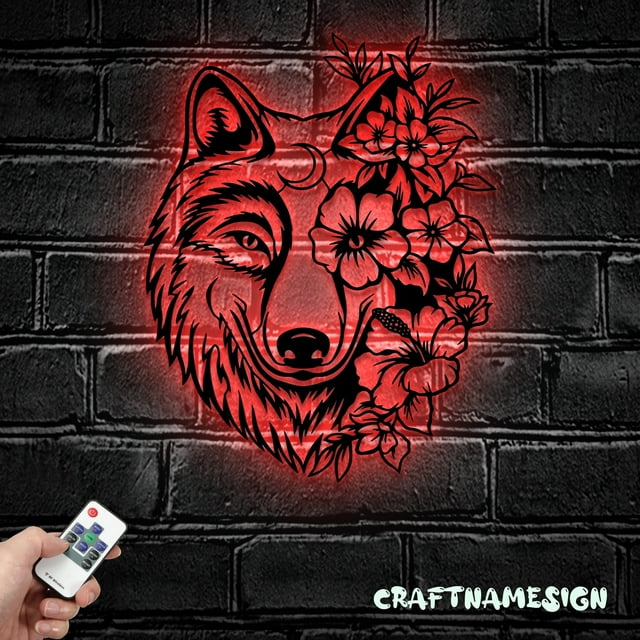 Craftnamesign Floral Wolf Metal Wall Art LED Light, Wolf Sign Home ...