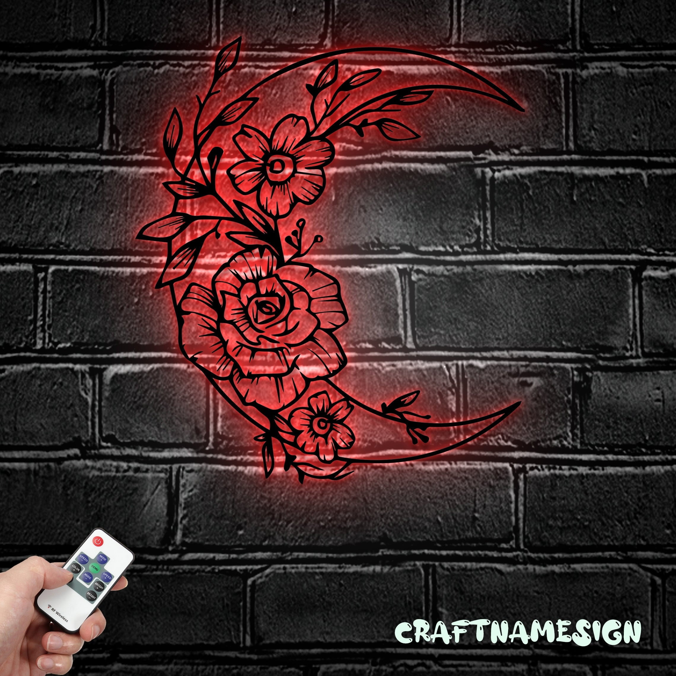 Craftnamesign Flower Moon Metal Wall Art LED Light, Crescent Moon Sign ...